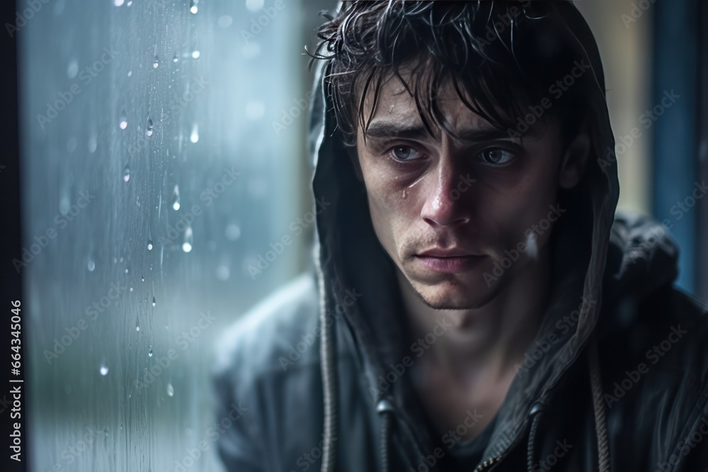 Blue Monday concept. Young guy looking sad and depressed. Teenager ...