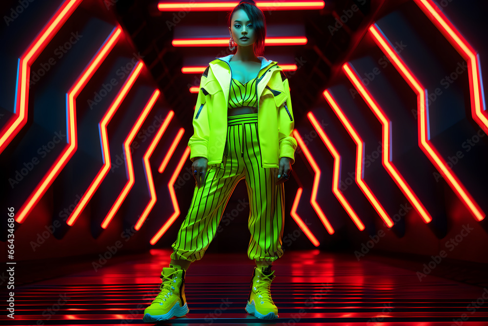 Fashion woman in neon costume and neon shoes, in the style of ...