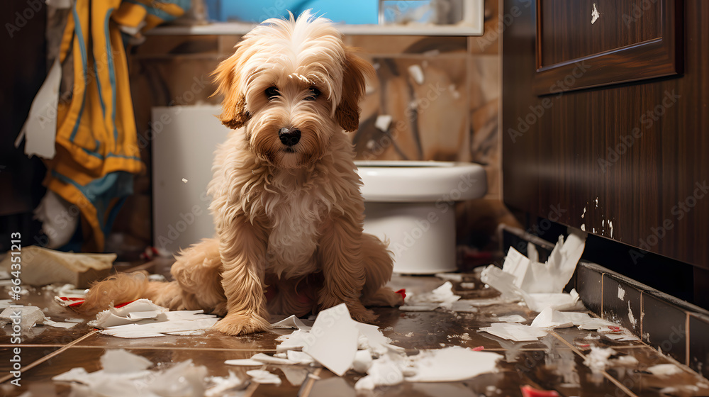 Dog playing with toilet paper and looking at camera. Purebred doggy pet ...