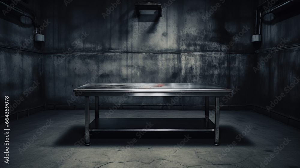 Empty metal bed in autopsy room. The table for dead body. Forensic ...