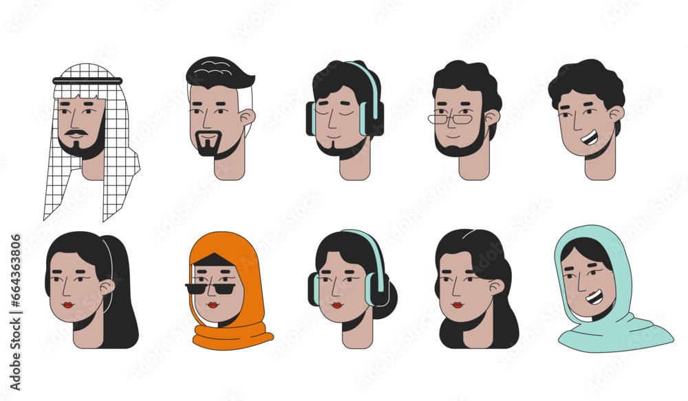 Arab middle eastern 2D linear cartoon character faces set. Saudi man ...