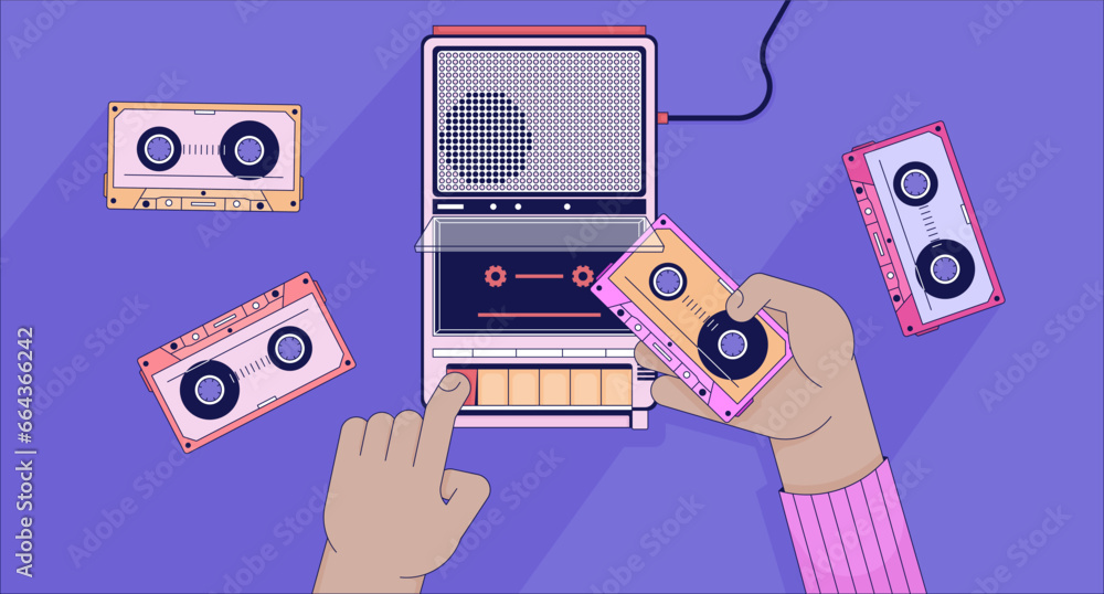 Inserting cassette tape into player lofi wallpaper. Listening music 80s ...