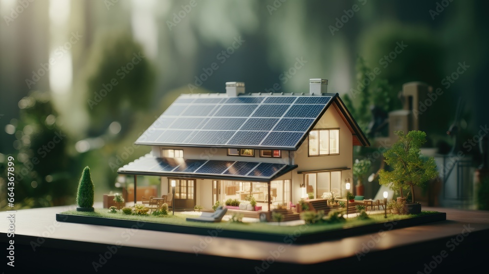 a hand holding a small model house with prominent solar panels ...