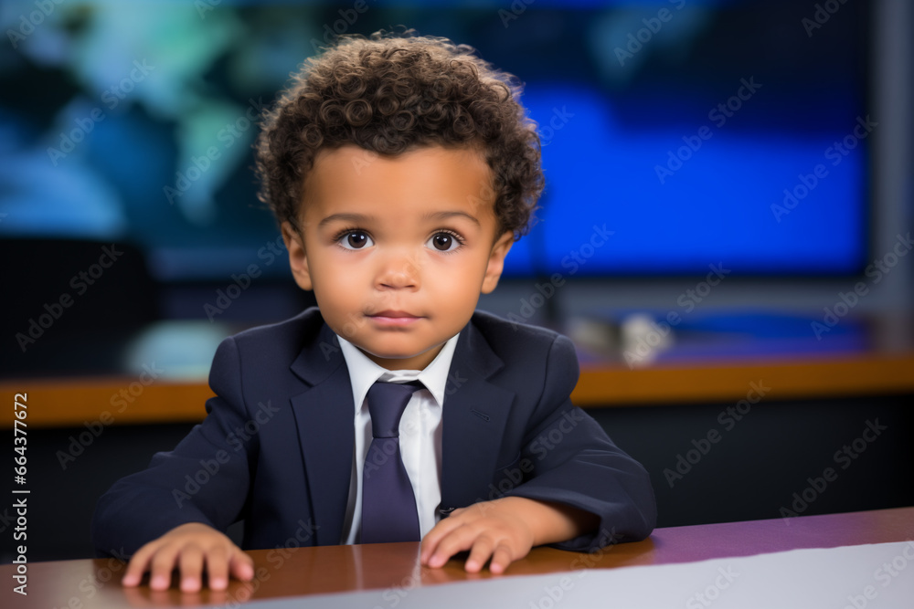 portrait of baby news anchor at work wearing suit at news desk Stock ...