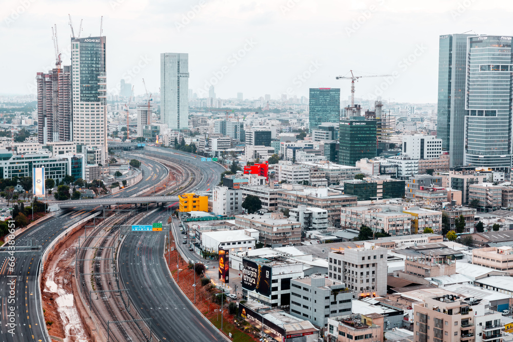 erial view of the buildings and surroundings around the Ayalon Highway ...
