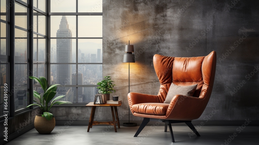 Lounge wingback chair positioned by a window in a minimalist interior ...