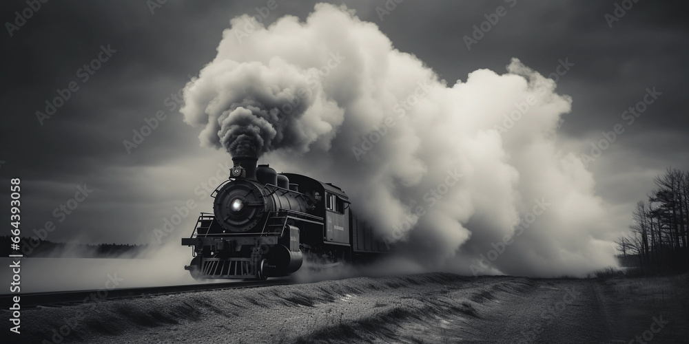 Steam engine in motion, pulling a coal car, billowing smoke, black and ...
