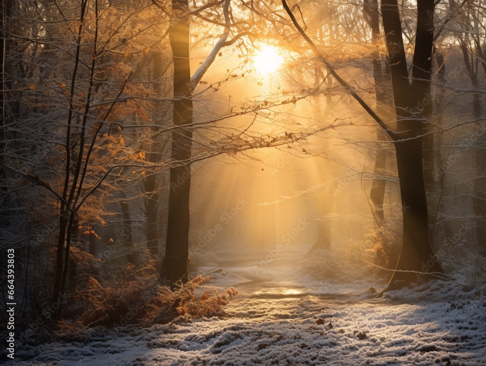 Golden rays of sunrise streaming through misty deciduous forest ...