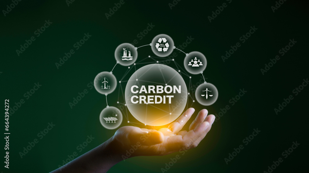 Carbon credit market concept. carbon credit icon in hand. Net zero ...
