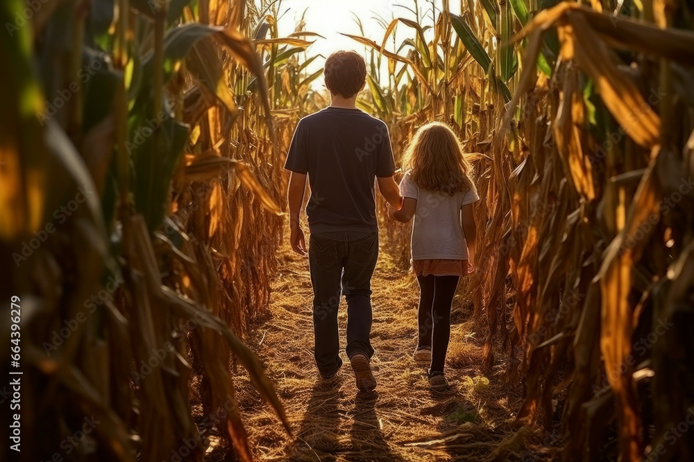 Children exploring corn maze in the fall day. Siblings boy and little ...