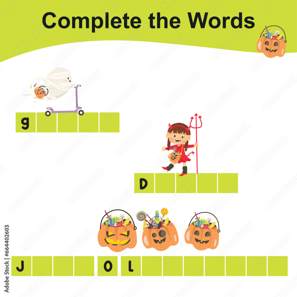 Complete the words worksheet with Halloween festival theme. Write the ...