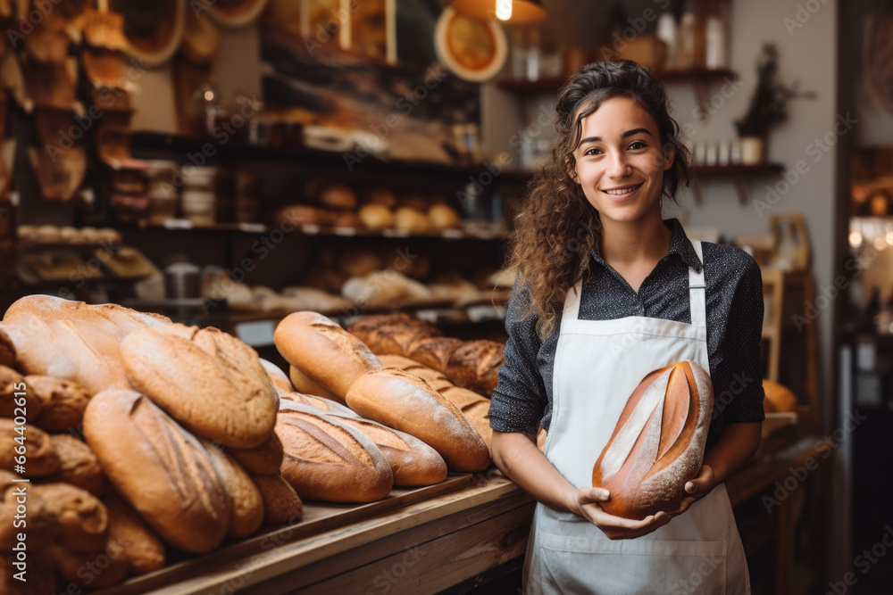 jeune boulangère souriante dans sa boutique qui présente ses pains ...