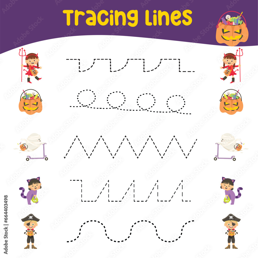 Tracing horizontal lines activity with cute Halloween festival elements ...