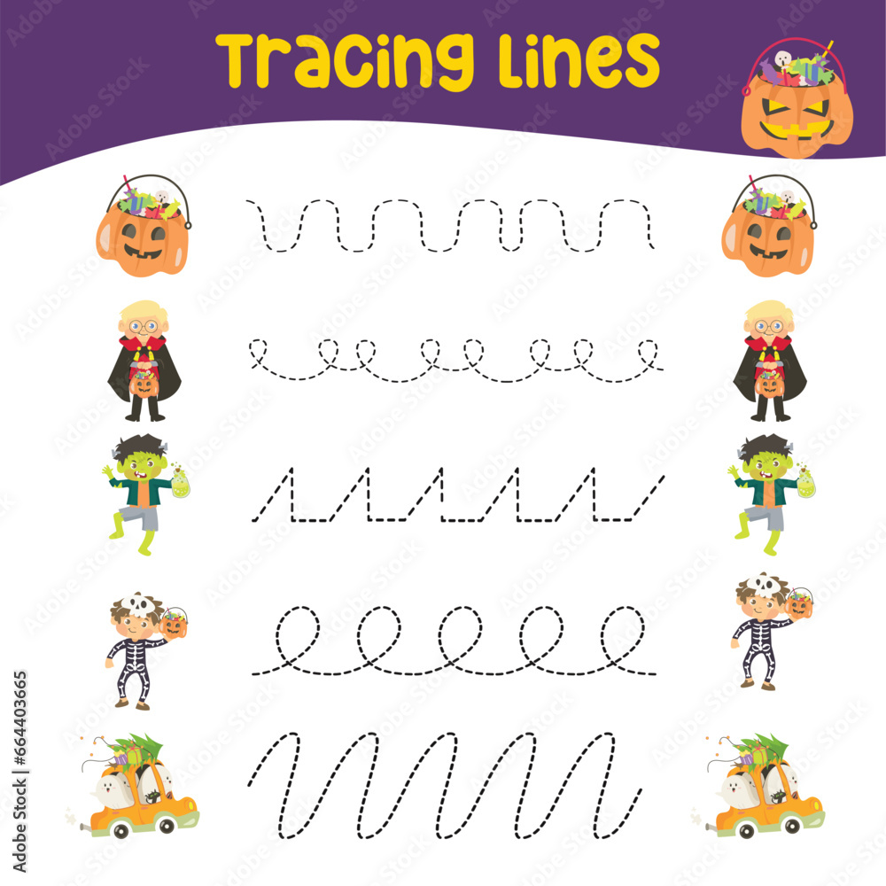 Tracing horizontal lines activity with cute Halloween festival elements ...