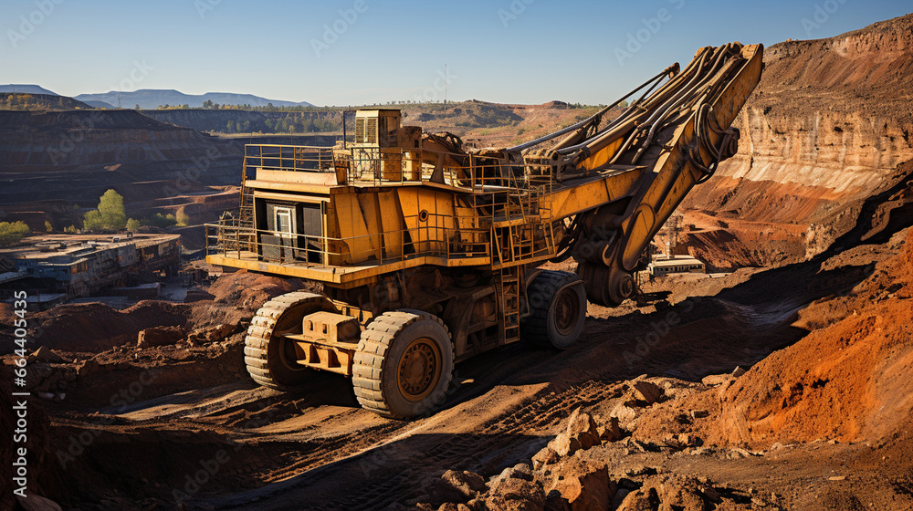 A massive open-pit mine, with colossal earth-moving equipment in action ...
