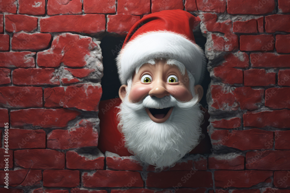 illustration of peeking out Santa Claus from hole of brick wall ...