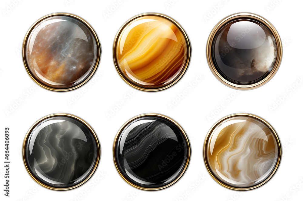 Set of round 3D web buttons with gold border and beautiful glossy agate ...