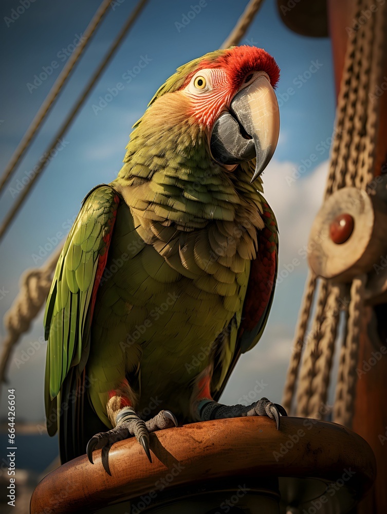 Parrot on the deck of a ship, ancient boat, historical, pirate bird for ...
