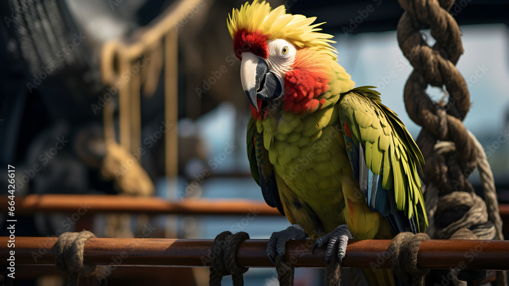 Parrot on the deck of a ship, ancient boat, historical, pirate bird for ...