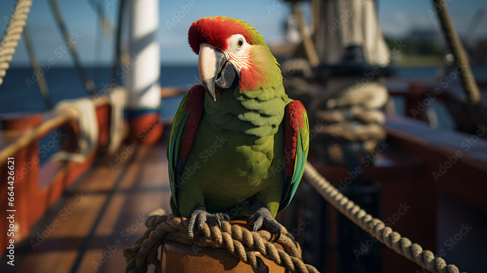 Parrot on the deck of a ship, ancient boat, historical, pirate bird for ...