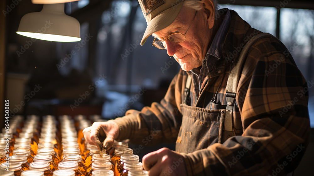 An experienced syrup maker testing the viscosity of freshly boiled ...