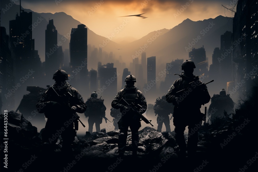 Urban backdrop soldiers, guns, and silhouettes guarding the citys ...