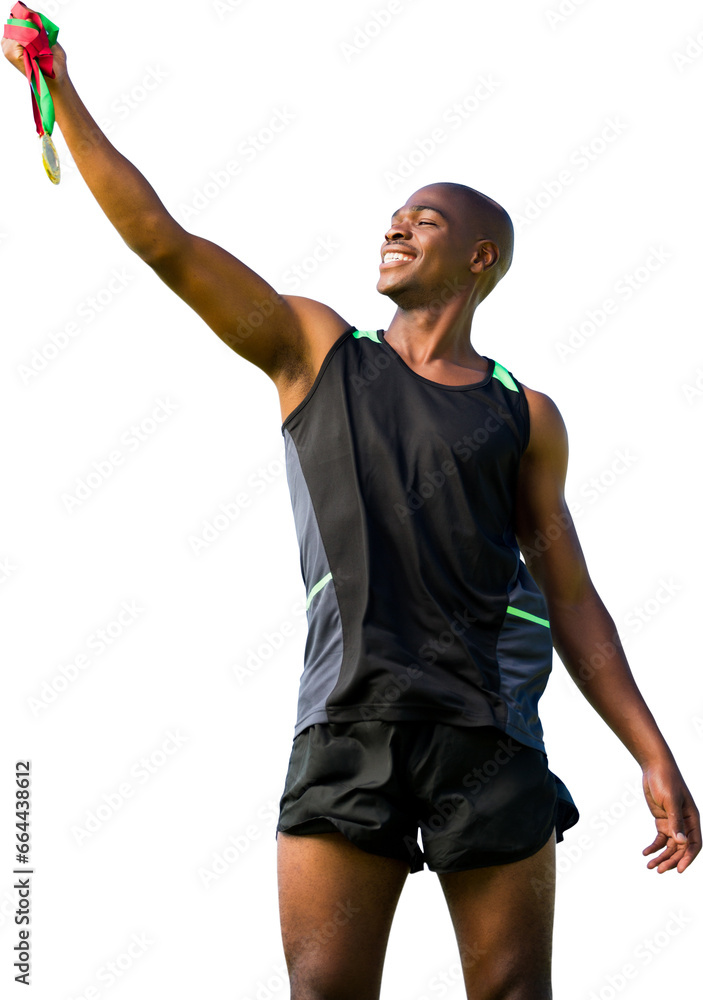 Digital png photo of african american runner holding gold medal on ...