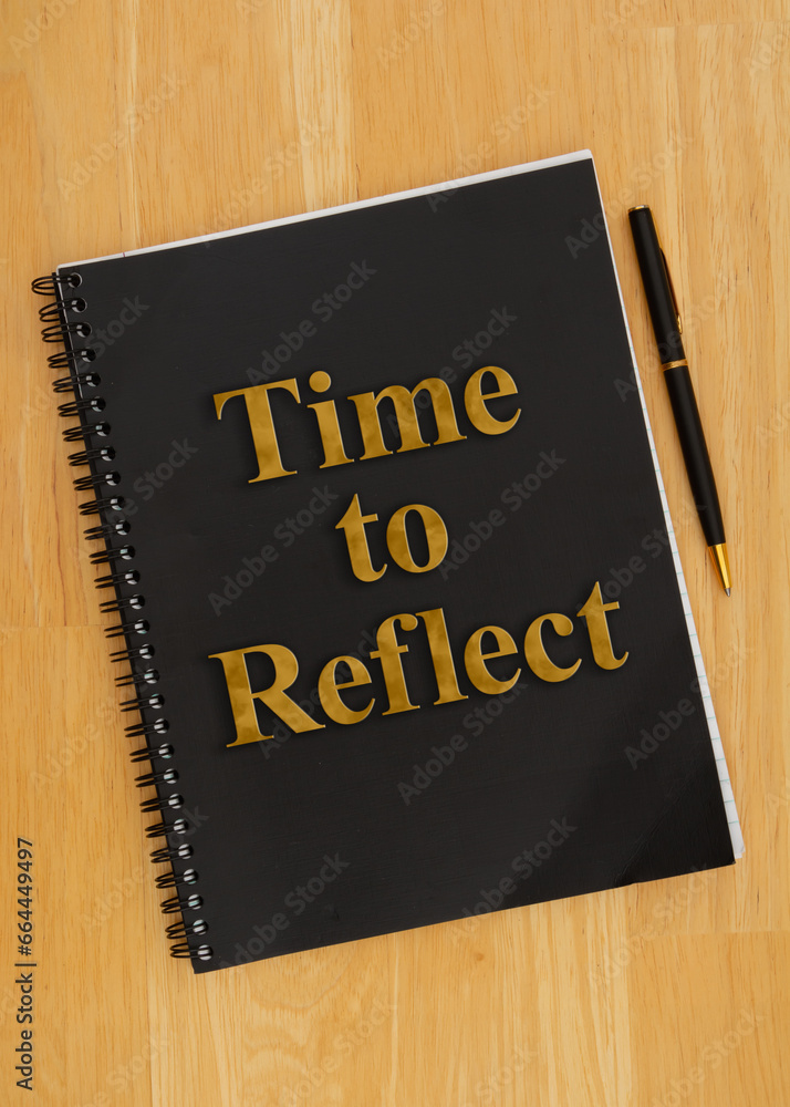 Time to Reflect on black journal notepad with pen on desk Stock Photo ...