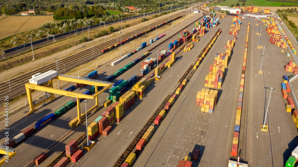 Aerial view of an industrial freight yard. Modena, Italy - October ...