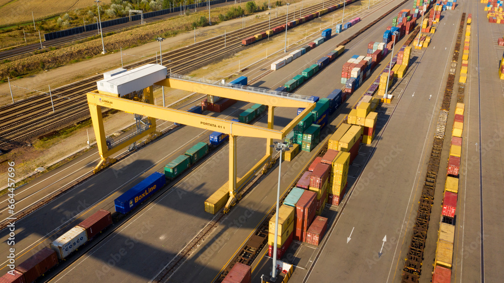 Aerial view of an industrial freight yard. Modena, Italy - October ...