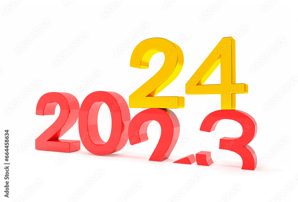 3d render of the numbers 2024 and 23 in red and gold over white ...