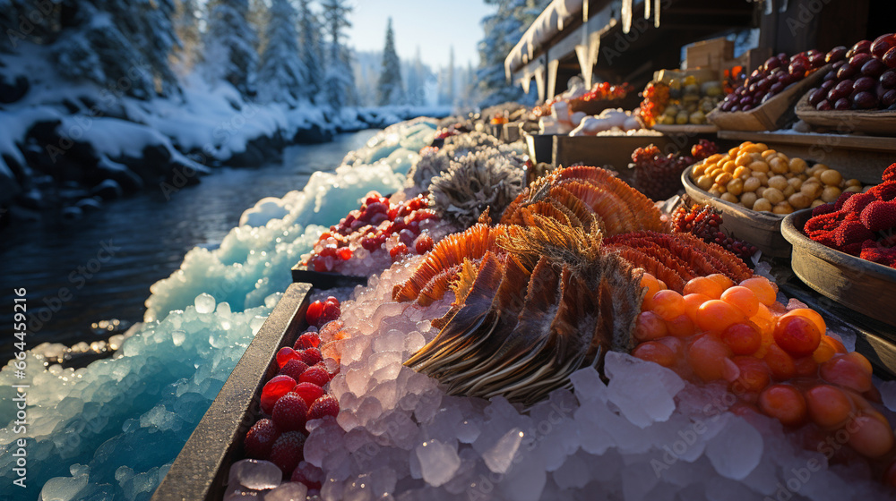 A colorful seafood market brimming with displays of fish, crabs, and ...