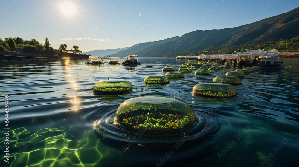 A tranquil image of a coastal clam farm with rows of underwater mesh ...