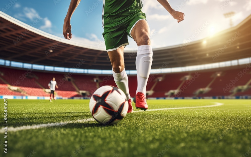 Cropped image of running soccer, football player at stadium during ...