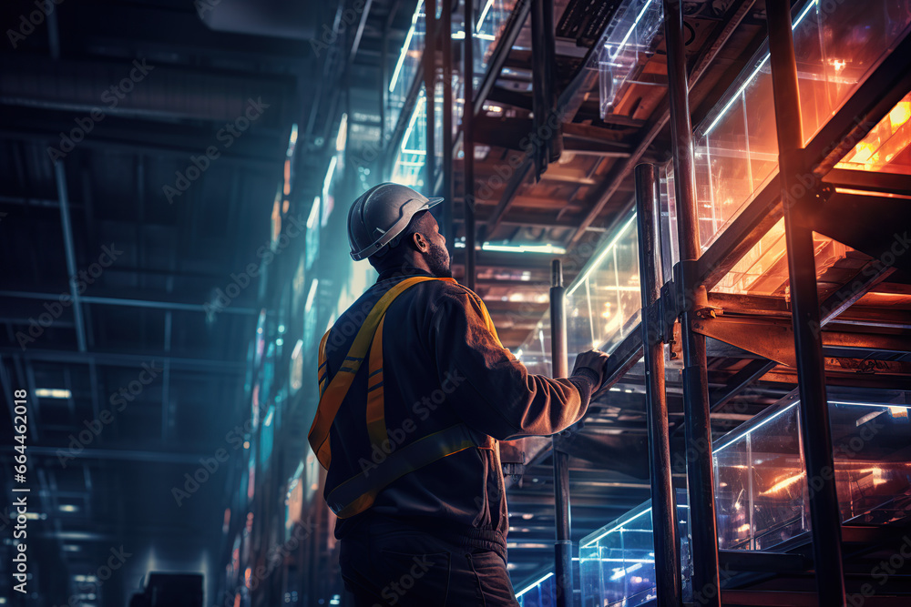 Factory worker wearing a safety helmet in the background of a factory ...