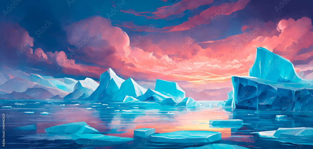 Melting icebergs under pastel pink sunset in anime style. Banner format ...
