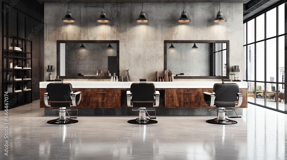 Interior of modern barbershop with white walls, concrete floor, massive ...