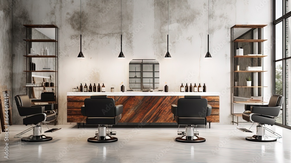 Interior of modern barbershop with white walls, concrete floor, massive ...