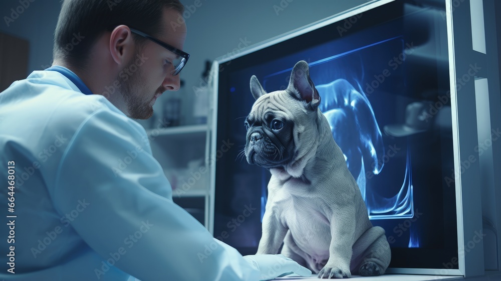 Dog do X-rays on the veterinary x-ray machine. Frightened puppy of ...