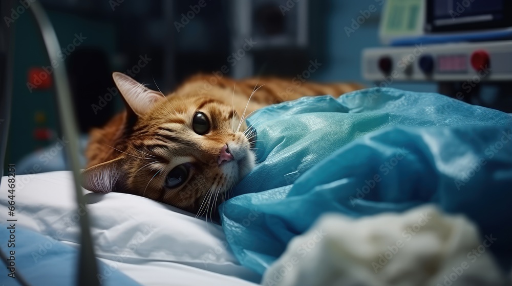 Sick domestic cat lies after surgery on knees of a owner. Postoperative ...