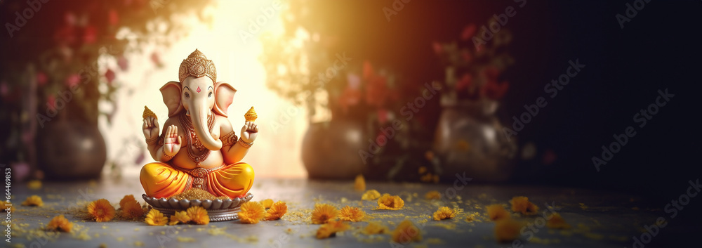 Lord Ganpati, colorful Hindu god Ganesha on dark background. Statue on ...