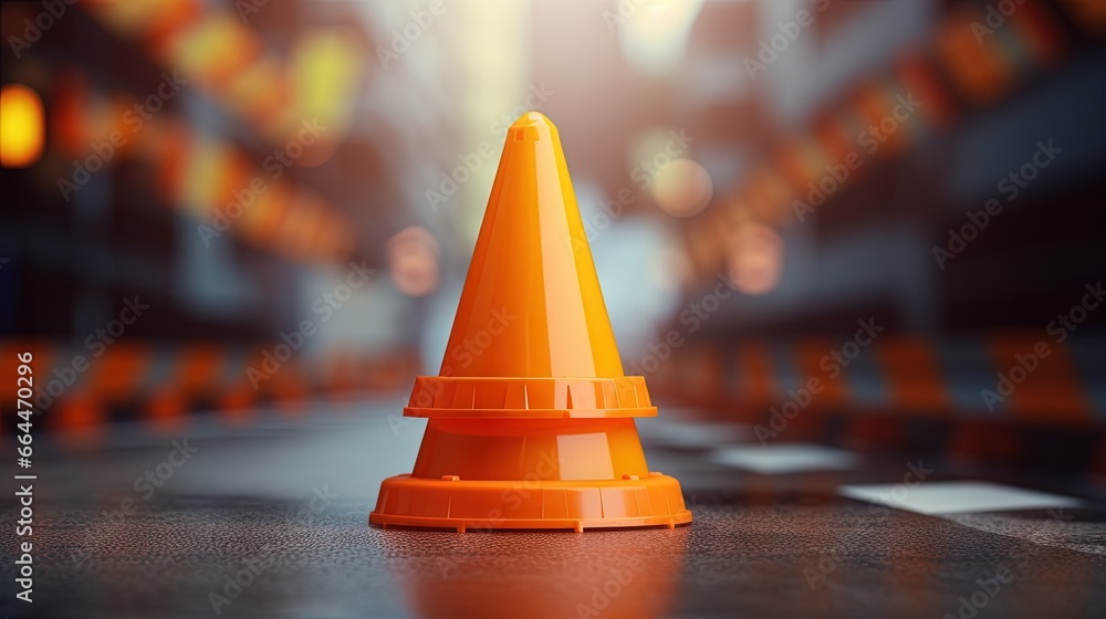 3D traffic cone on orange background of warning safety under ...
