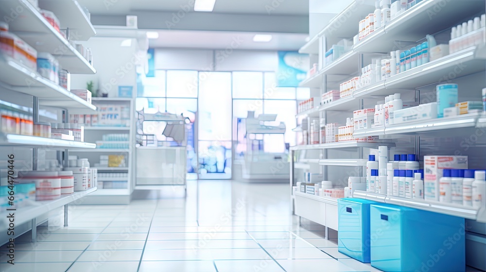 blurred unfocused pharmacy interior with shelves with medicines Stock ...