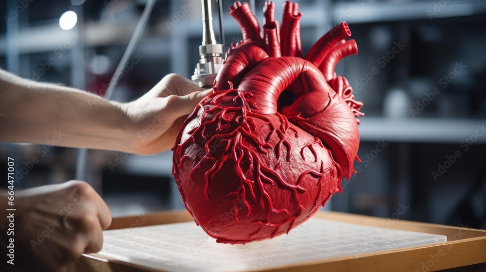 3d printer prints the model of heart, process of printing organs on a ...