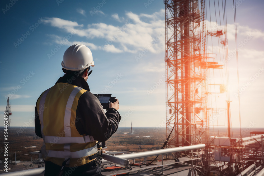 engineer wearing safety gear working at top of signal antenna.Working ...