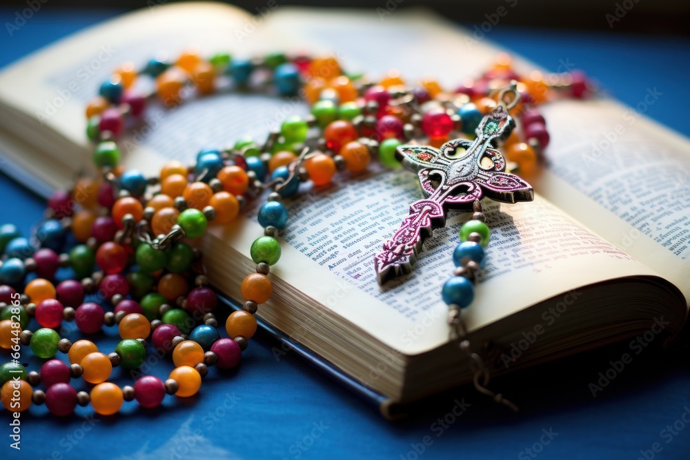 Colorful rosary beads draped over an open Bible, symbols of prayer ...