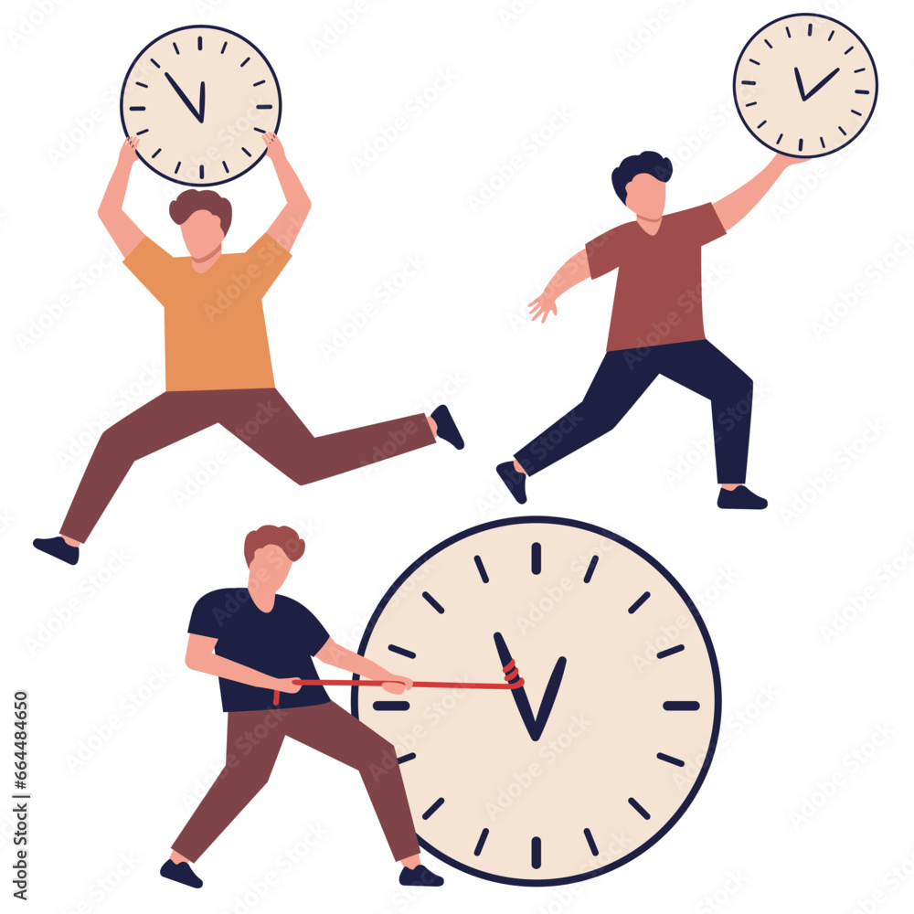 Time management people. Team working together.Clock controls the time ...