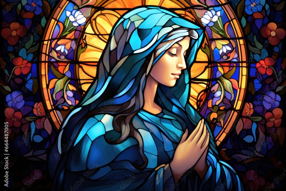 Stylized depiction of Holy Mary, vivid stained glass inspiration. Stock ...