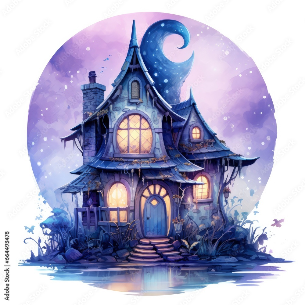 Moonlight dark themed night elf fairytale fantasy fairy house. Stock ...