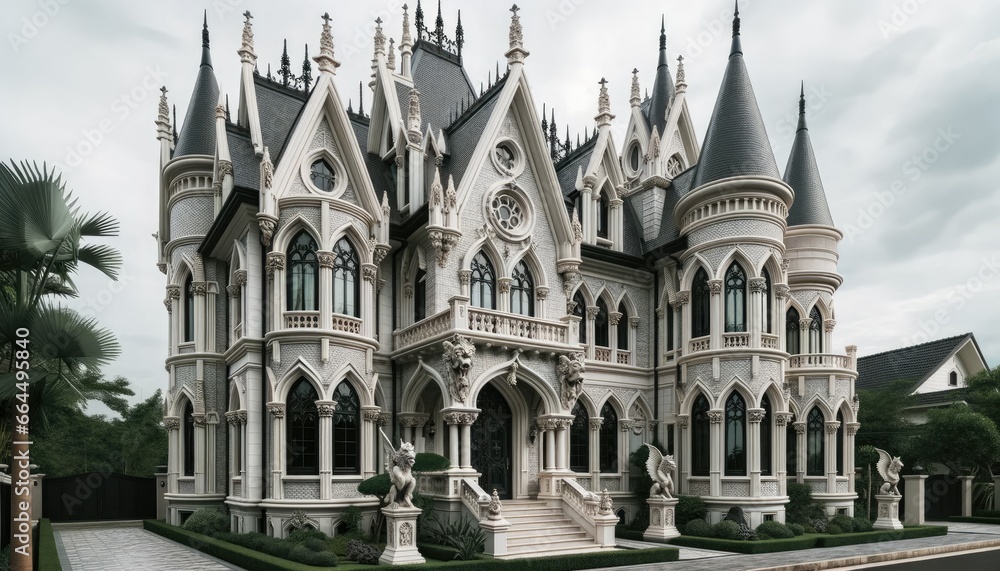 Gothic-inspired house exterior with turrets, flying buttresses, and ...